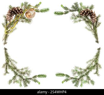 Branches of spruce tree with pine cones and Christmas toy decorations ...