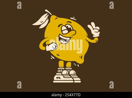 Happy lemon mascot with peace hand symbol. Have a sour day. Retro ...
