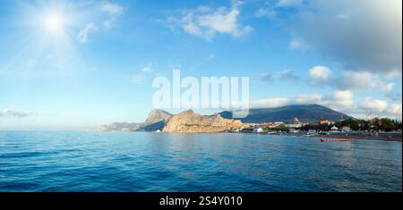Scenic panorama of Sudak town coastline from Genoese fortress mountain ...