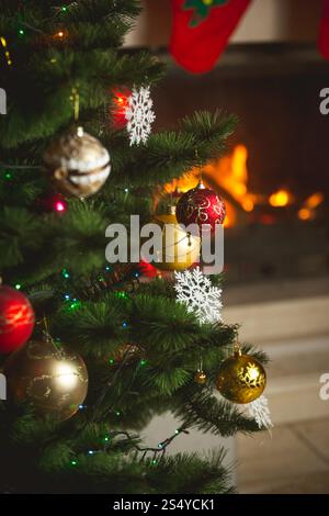 Christmas tree, baubles and branch, toys Stock Photo - Alamy