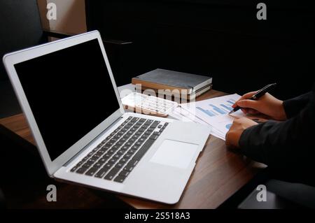 mock up Using laptop with blank screen computer modern Stock Photo - Alamy