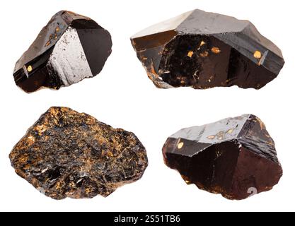 set of various brown raw minerals with names cutout on white background ...
