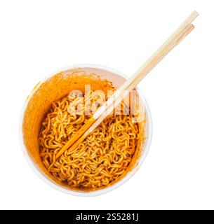 Chinese instant noodles pasta ready in the white bowl plate in Minsk ...