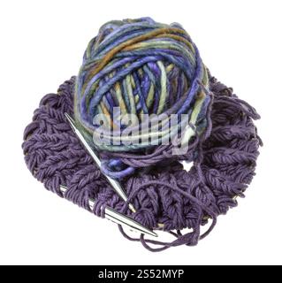 Top view of multi color yarn balls on mint background. Set for DIY ...