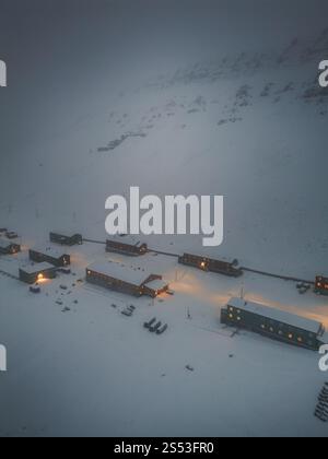 Foggy drone view of Nybyen neighbourhood in Longyearbyen, Svalbard in ...