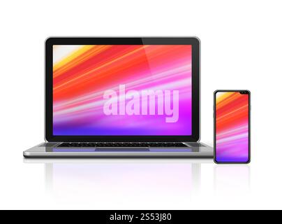 Mockup white screen laptop and mobile phone woman using computer while ...