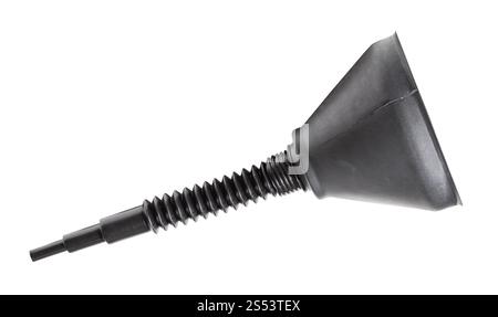 side view of wide black plastic funnel with handle and flexible spout ...