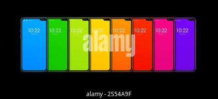 Rainbow colorful smartphone set banner. Isolated on black Background ...