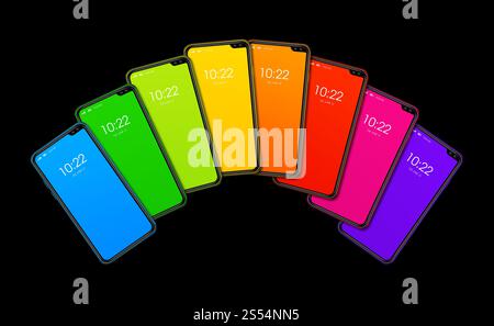 Rainbow colorful smartphone set isolated on black background. 3D render ...