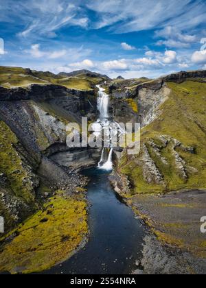 Aerial view of Ófærufoss waterfall in Iceland. Nestled in a dramatic ...