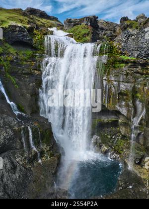 Aerial view of Ófærufoss waterfall in Iceland. Nestled in a dramatic ...
