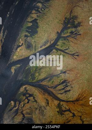 Aerial View of Braided Rivers and Mossy Terrain in Iceland at Sunset ...