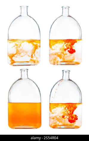 set of orange ink solutions in water in glass flask isolated on white ...