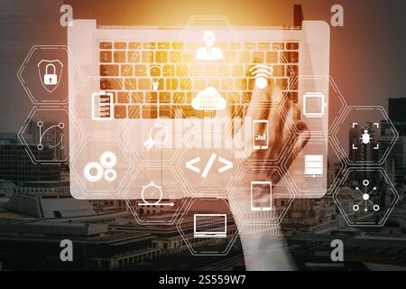 Coding software developer work with augmented reality dashboard ...