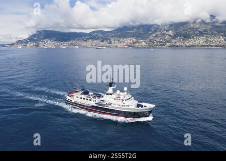 Aerial view expedition yacht motor yacht ITASCA (ex Thames III, Smit ...