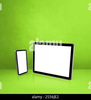 Digital tablet pc on green wall shelf. Background banner Stock Photo ...