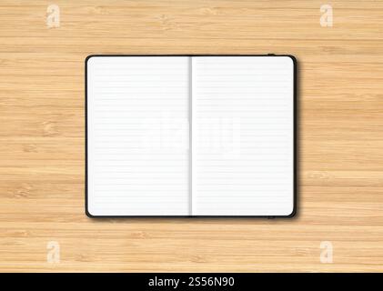 Black open lined notebook mockup with a pen isolated on wooden ...