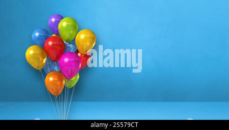Colorful balloons bunch on a blue wall background. Horizontal banner ...