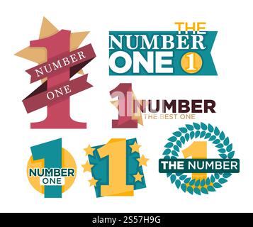 Number one emblems set with stars and ribbons around big numeral ...