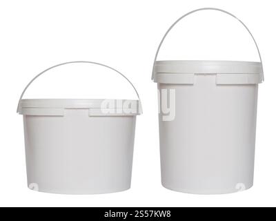 Two white plastic buckets isolated on white background. Two white ...