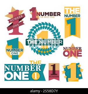 Number one emblems set with stars and ribbons around big numeral ...