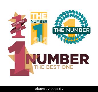 Number one emblems set with stars and ribbons around big numeral ...