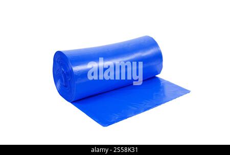 Blue roll of garbage bags isolated on white background Stock Photo - Alamy