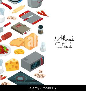Vector cooking food isometric objects background with place for text ...