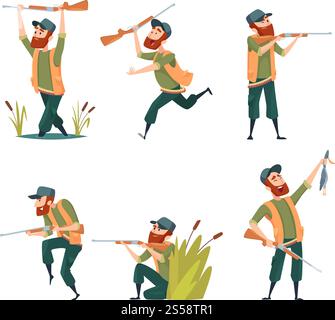Characters of hunters. Vector cartoon illustrations of various hunter ...