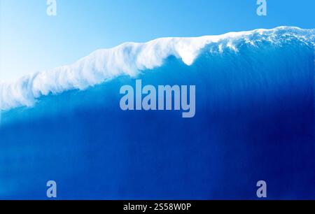 Barrel blue wave in ocean and cliff at background. Aerial view of ...