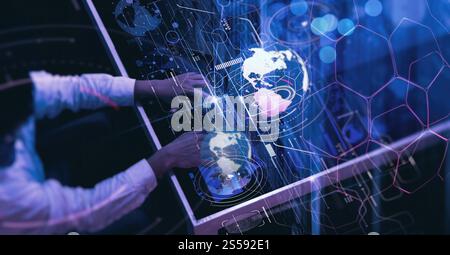 Metaverse digital cyber world technology. Businessman with VR glasses ...