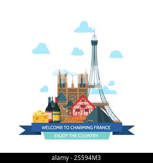 Vector cartoon France sights and objects on France contour map concept ...