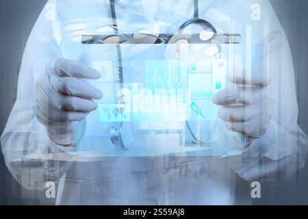 Double exposure of Medicine doctor hand working with modern computer ...