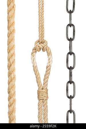 collection of chain and ropes on white background. collection of chain ...