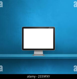 Computer pc - blue wall shelf. Vertical background. 3D Illustration ...