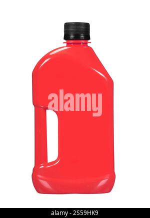Red plastic bottle for liquid laundry detergent. Violet plastic bottle ...