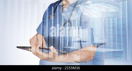 Double exposure of smart medical doctor working with operating room as ...