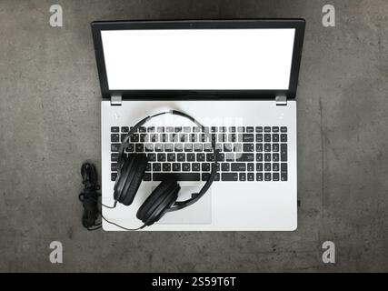 Top view of laptop with symbol of video marketing concept Stock Photo ...