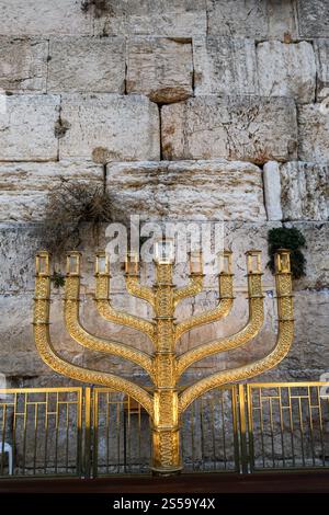 The official, golden Hanukkah menorah of the Western Wall in Jerusalem ...