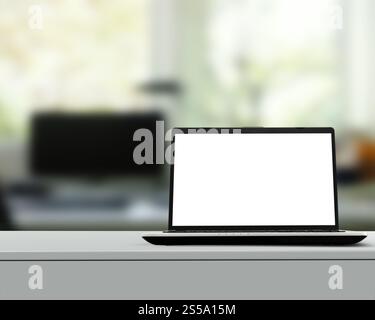 Open laptop on the table. Blurred laptop screen while working. Device ...