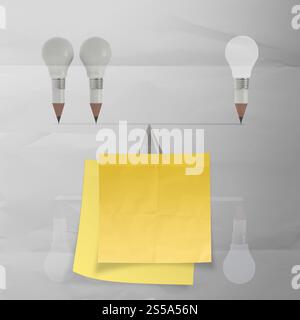 sticky note with false balance of pencil lightbulb on crumpled paper ...