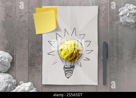 sticky note with another idea light bulb on crumpled paper as creative ...