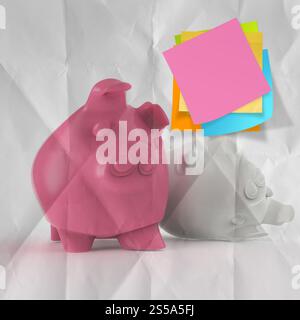 blank sticky note on piggy bank 3d standing another fall as concept ...