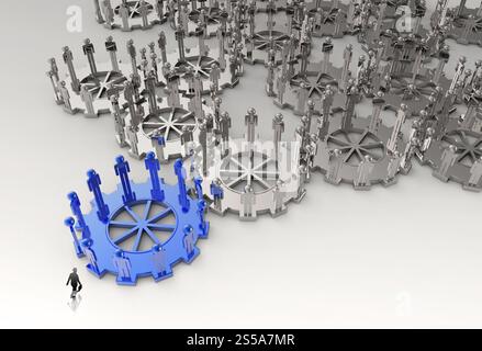 businessman walking to 3d figures on connected cogs as leadership ...