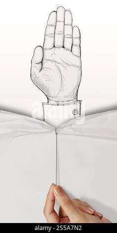 crumpled papaer opening show poster of Hand raised sign as concept ...