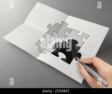 Hand drawing Partnership Puzzle with crumpled recycle paper background ...