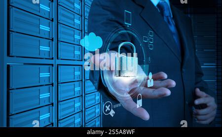 businessman hand showing 3d padlock on touch screen computer as ...