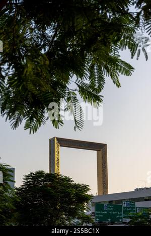 View of Dubai Frame against the sky. The famous landmark building in ...
