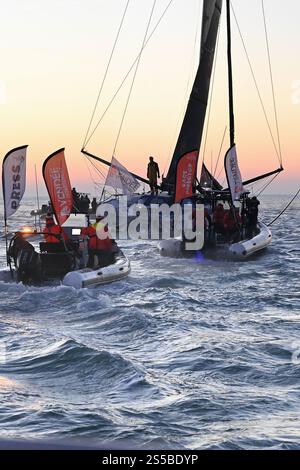 French skipper Charlie Dalin celebrates aboard his Imoca 60 monohull ...