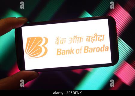 In this photo illustration, the Bank of Baroda logo seen displayed on a ...